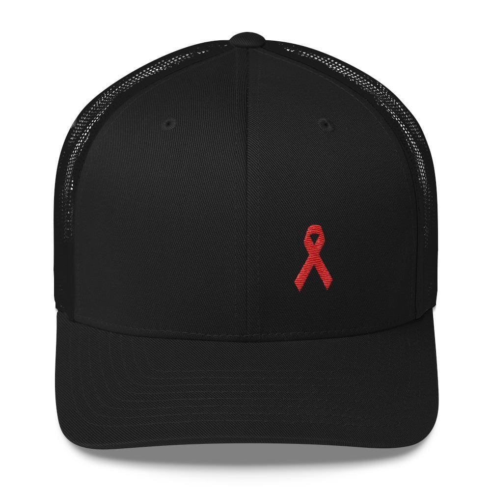 HIV/AIDS or Blood Cancer Awareness Red Ribbon Snapback Trucker Hat ...