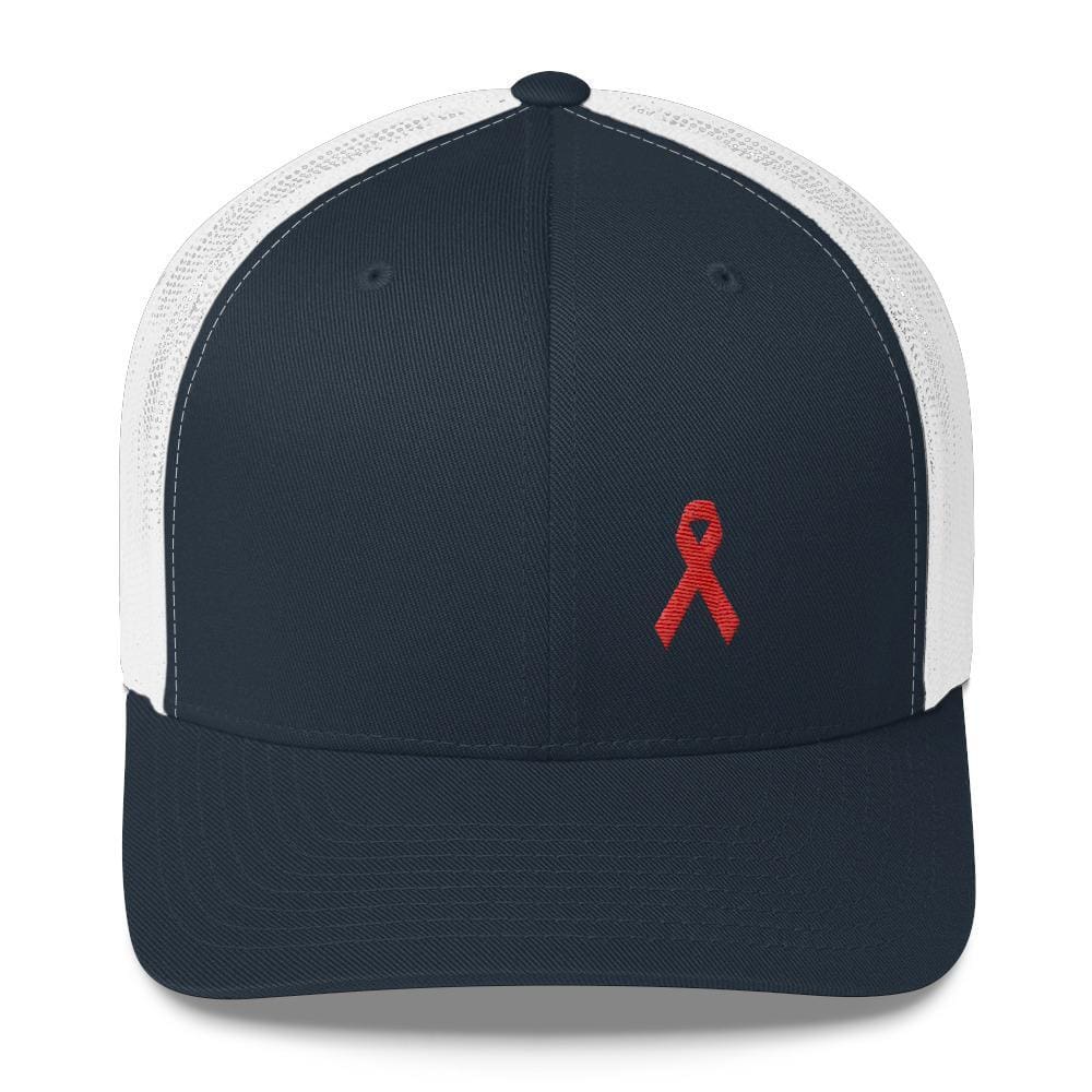 HIV/AIDS or Blood Cancer Awareness Red Ribbon Snapback Trucker Hat ...